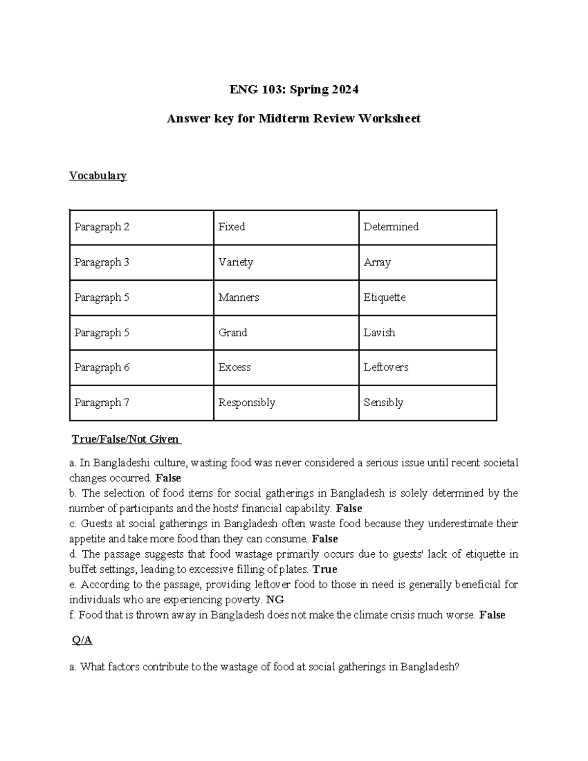 Answers ENG103 midterm sample question SPRING2024 - ENG 103: Spring 2024 Answer key for Midterm ...