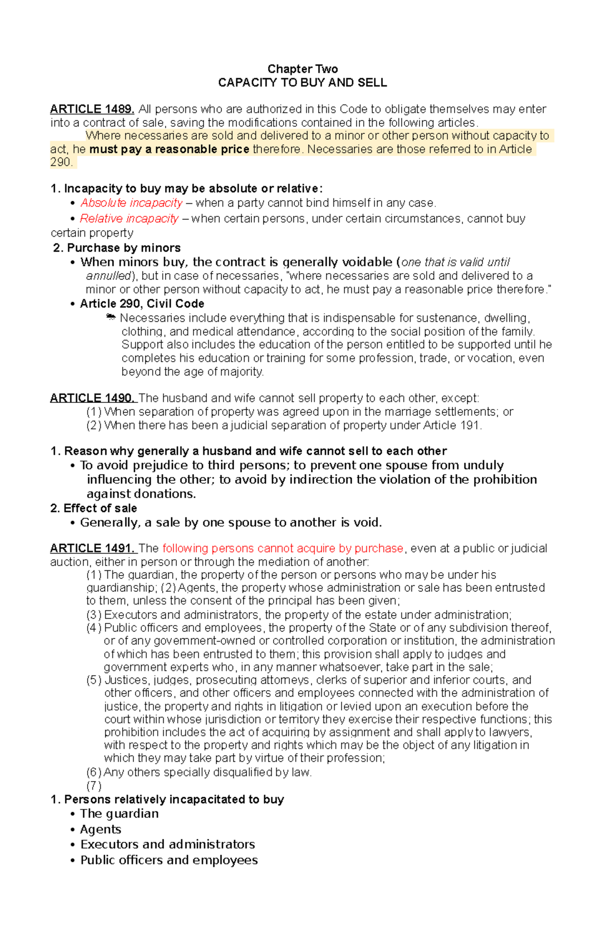 Article 1489-1518 - Notes - Chapter Two CAPACITY TO BUY AND SELL ...