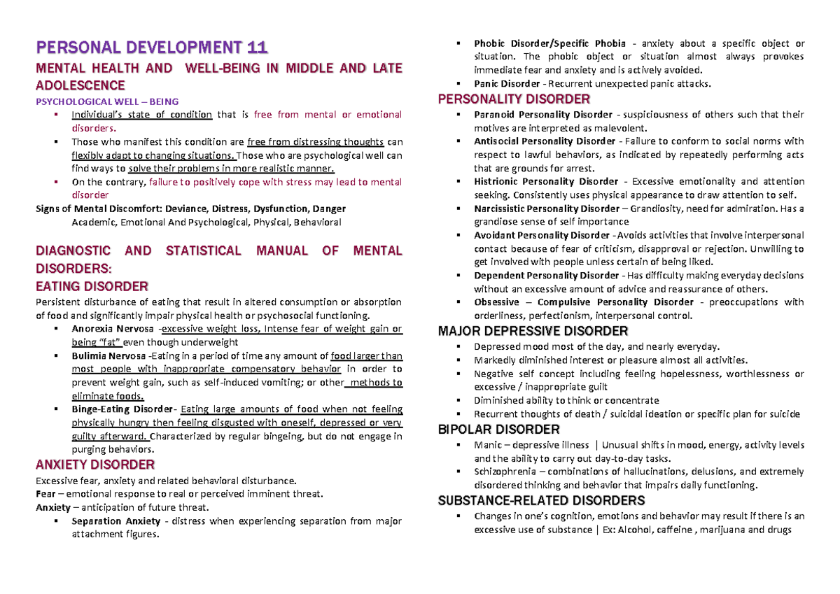Lessons IN Perdev 11 - PERSONAL DEVELOPMENT 11 MENTAL HEALTH AND WELL ...