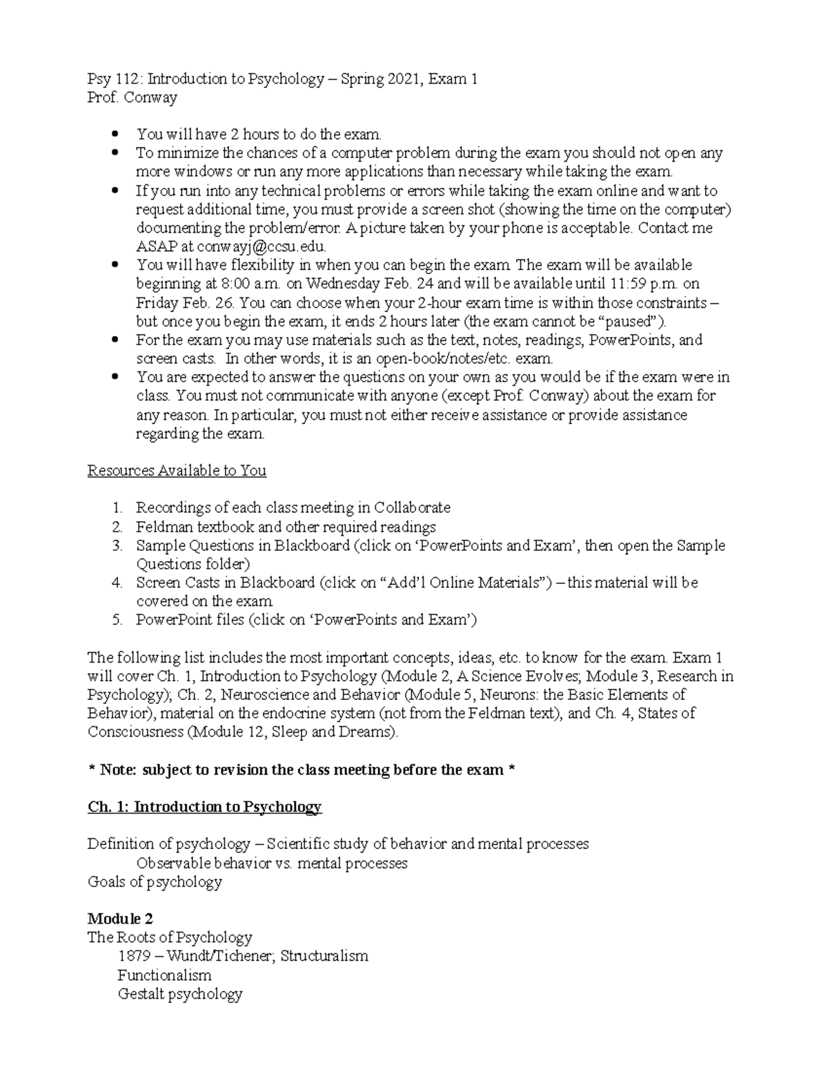 Psy 112 Exam 1 Study Sheet Spring 2021(1) - Psy 112: Introduction to Psychology – Spring 2021 ...