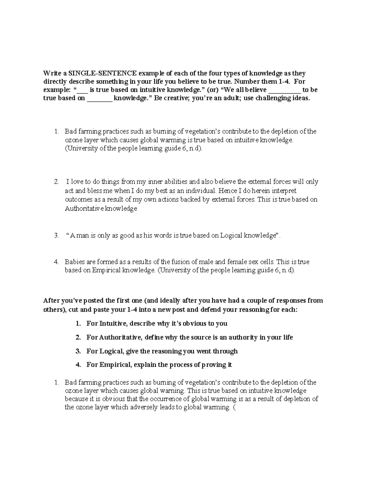 Discussion Forum Unit 6 Philosophy - Write a SINGLE-SENTENCE example of ...