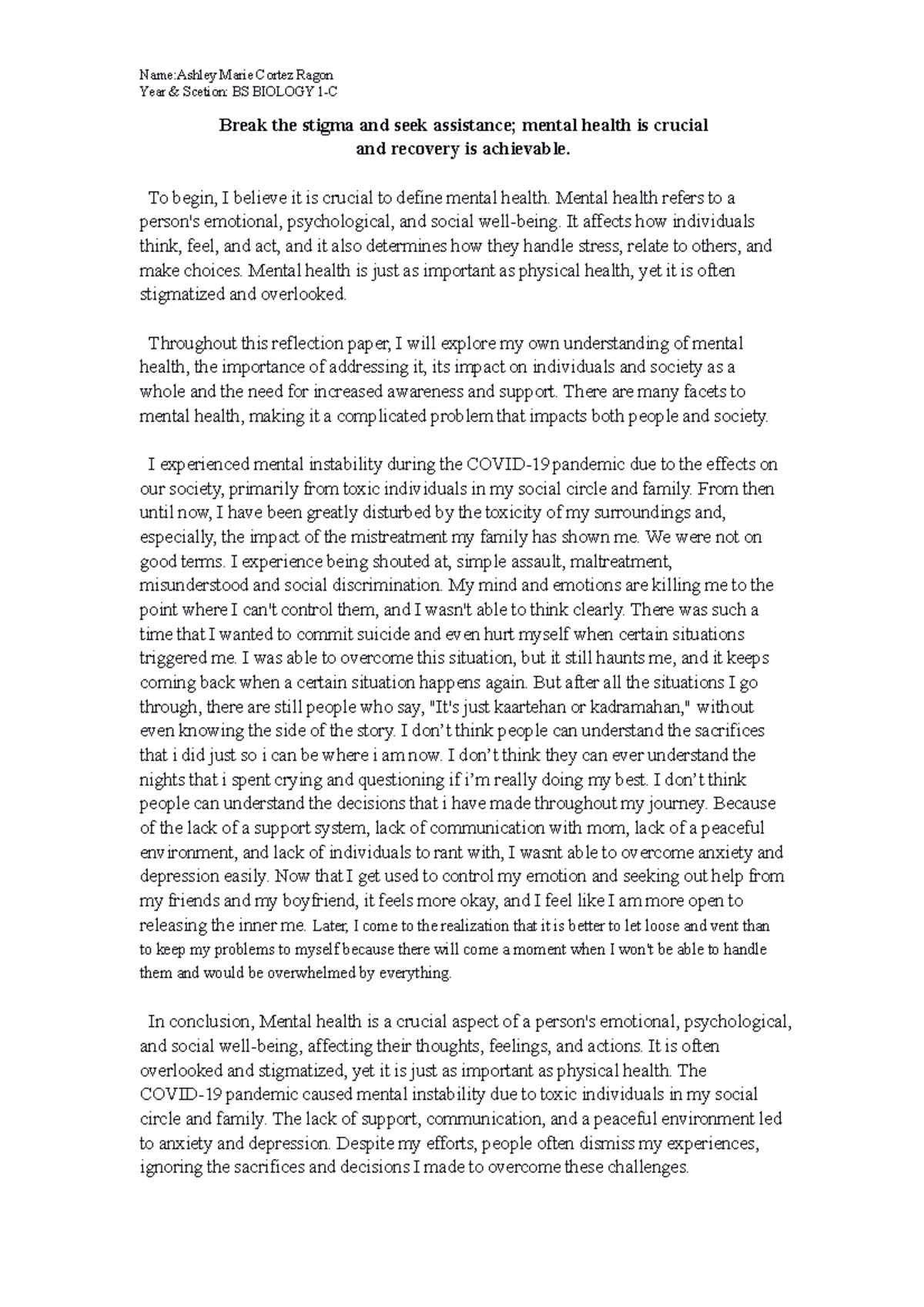 Mental-health - tryrtrty - Name:Ashley Marie Cortez Ragon Year ...