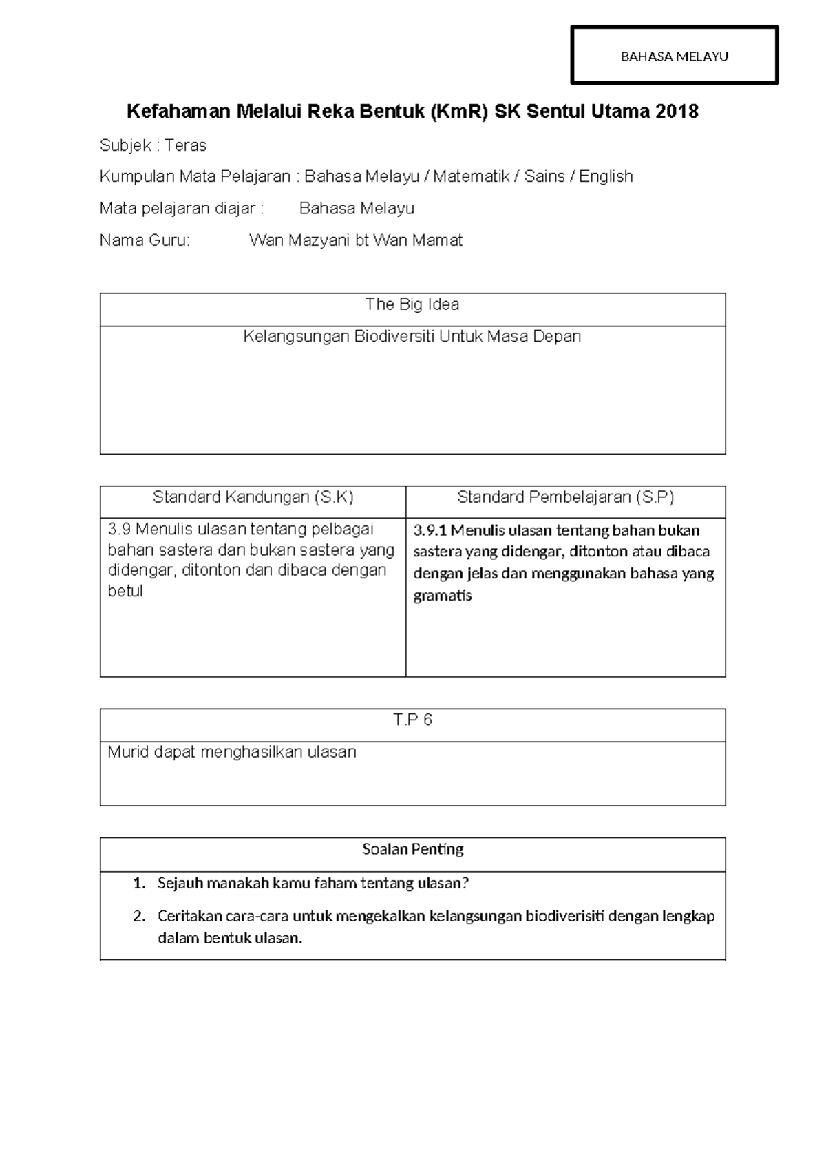 Borang KmR kefahaman melalui reka bentuk - Kefahaman Melalui Reka ...