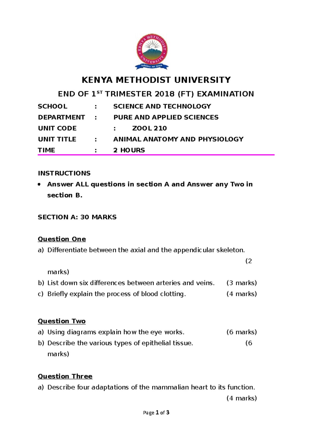 Animal Anatomy AND Physiology (ZOOL 210) FT 1ST Trimester 2018 - KENYA METHODIST UNIVERSITY END ...