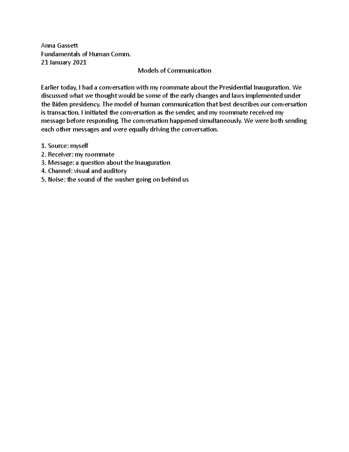 Models of Communication Assignment - Anna Gasset Fundamentals of Human ...