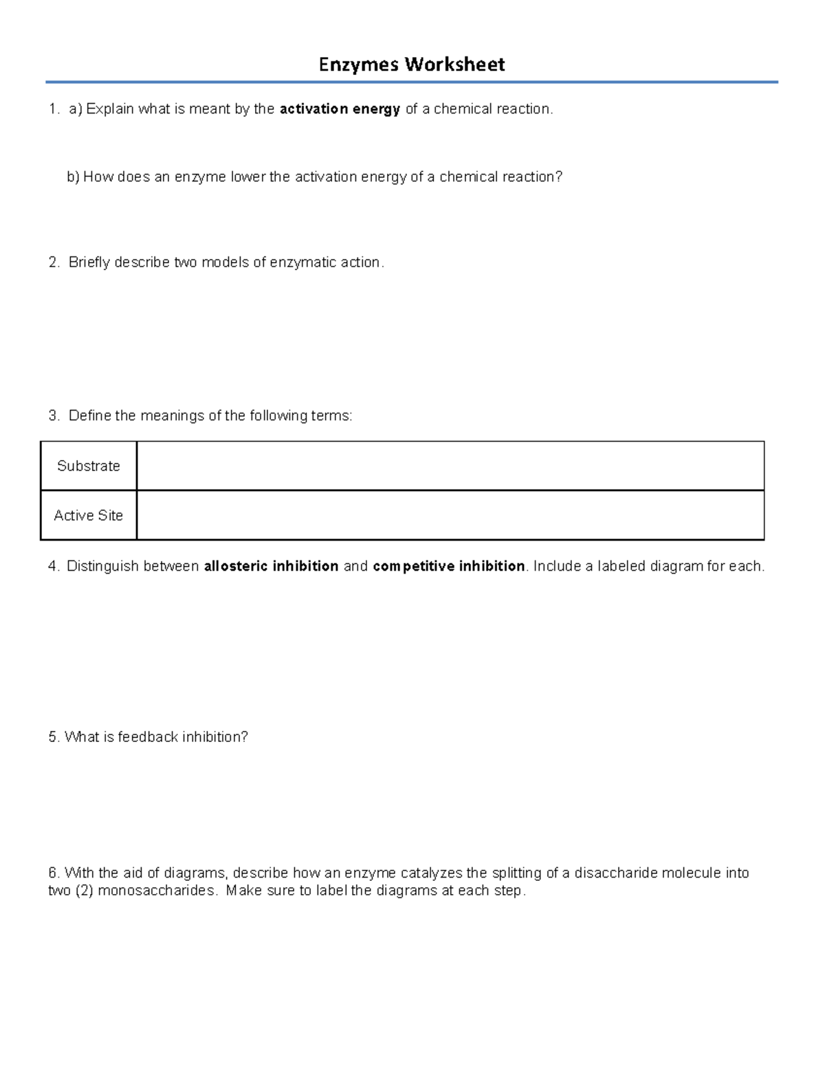 Enzymes Worksheet - !()*+,-'./01-2,,3' a) Explain what is meant by the ...