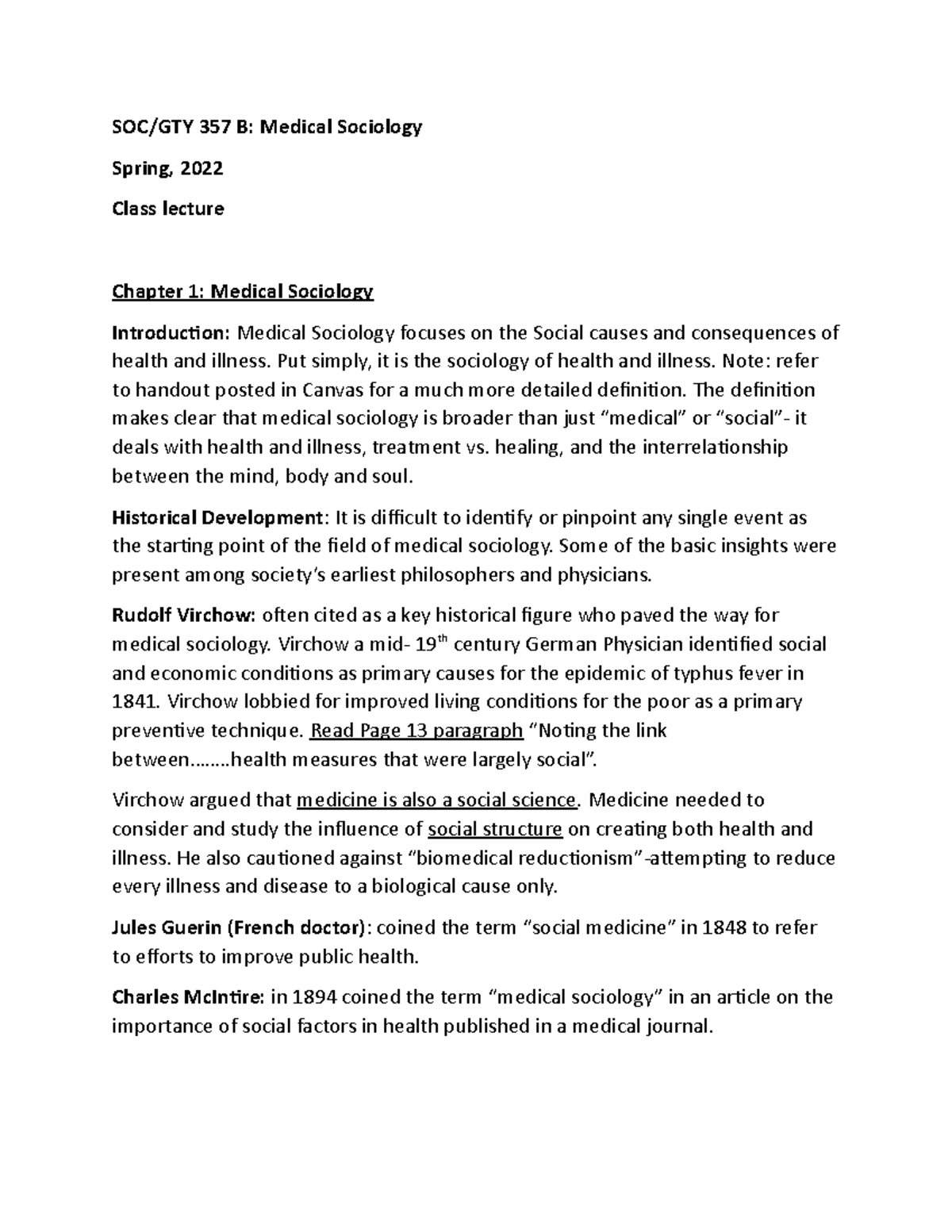 SOC 357 Chapter 1 Emergence of Medical Sociology - SOC/GTY 357 B ...