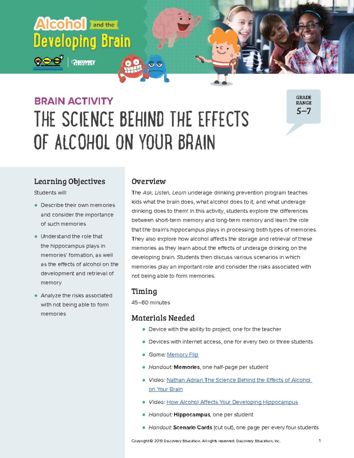 Alcohol Lesson Worksheets - 1 GRADE RANGE 5– Overview The Ask, Listen ...