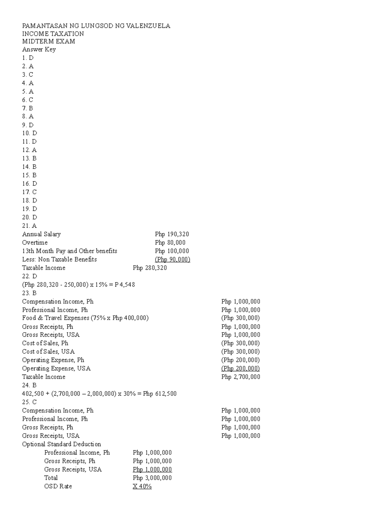 Midterm EXAM Answer KEY - PAMANTASAN NG LUNGSOD NG VALENZUELA INCOME TAXATION MIDTERM EXAM ...