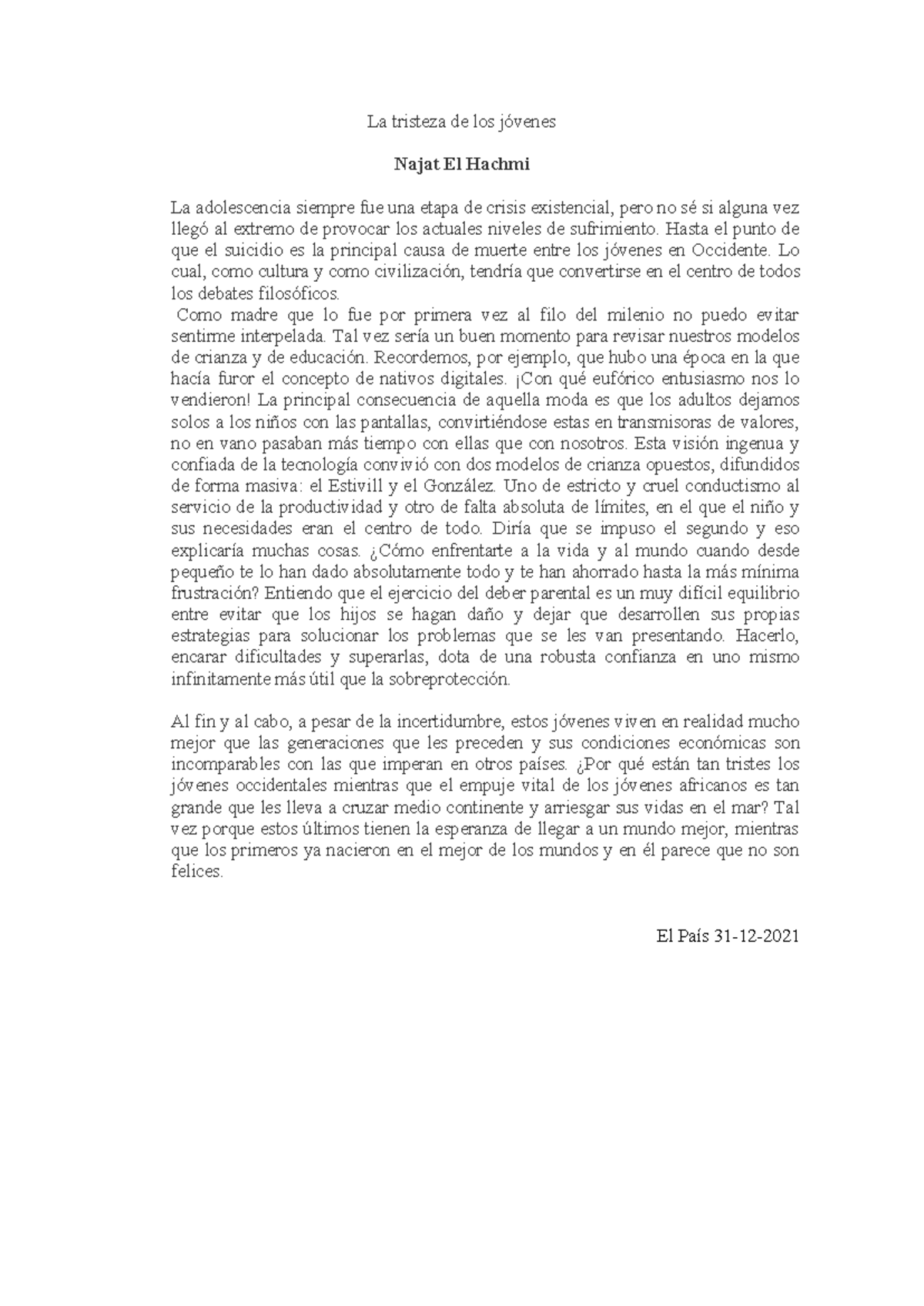 Examen EBAU 2022 - lorca completo - La tristeza de los jóvenes Najat El Hachmi La adolescencia ...