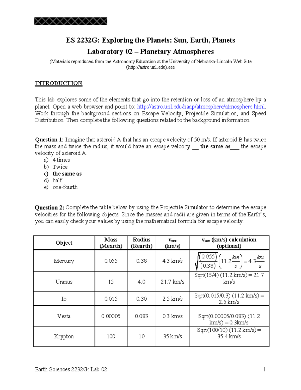 ES 2232 Lab 02 Planetary Atmospheres - ES 2232G: Exploring the Planets ...