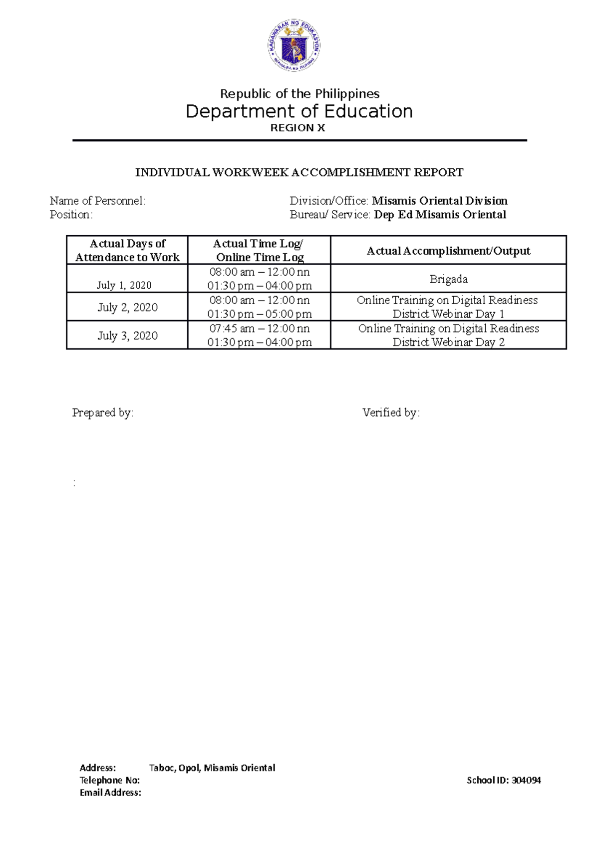Accomplishment - Republic of the Philippines Department of Education ...