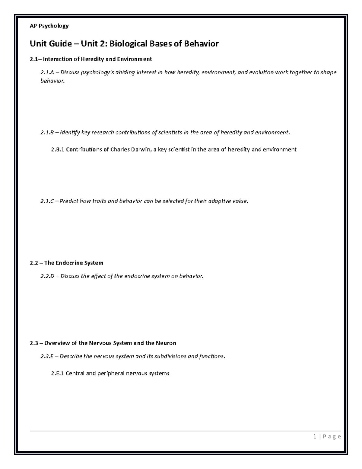 Veda u2 - questions - AP Psychology Unit Guide – Unit 2: Biological ...