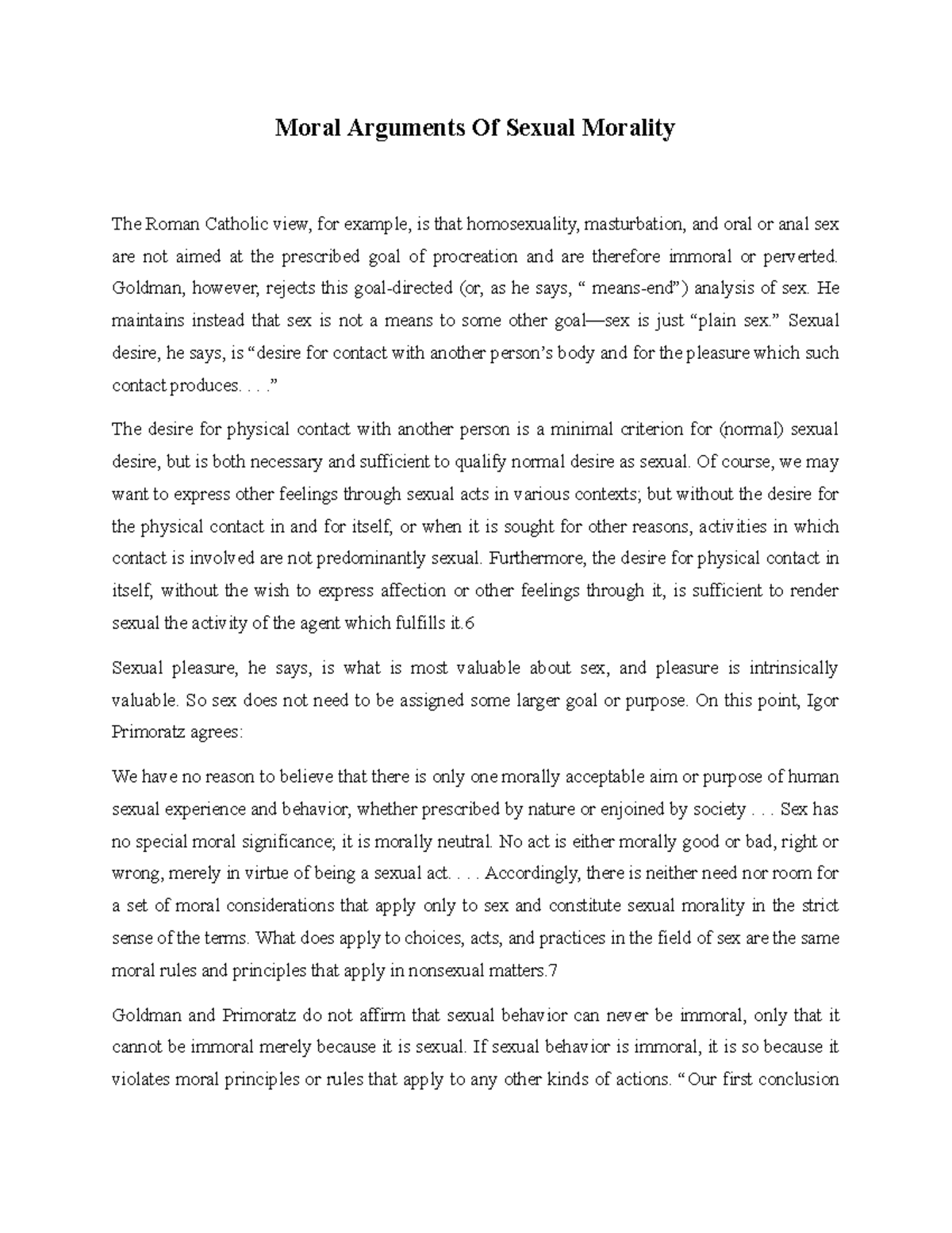 Moral Arguments Of Sexual Morality Goldman However Rejects This Goal Directed Or As He