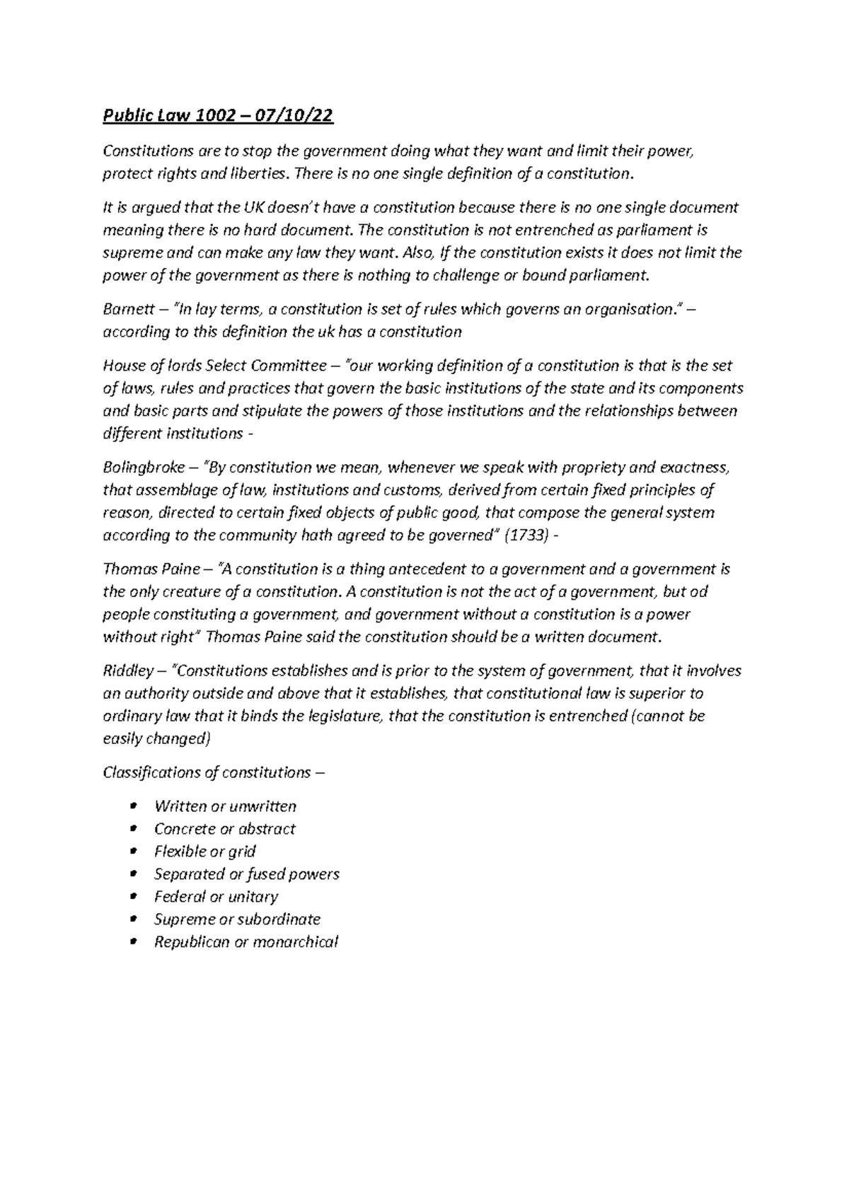 Lecture 1 - consitutions - Public Law 1002 – 07/10/ Cons琀椀tu琀椀ons are ...