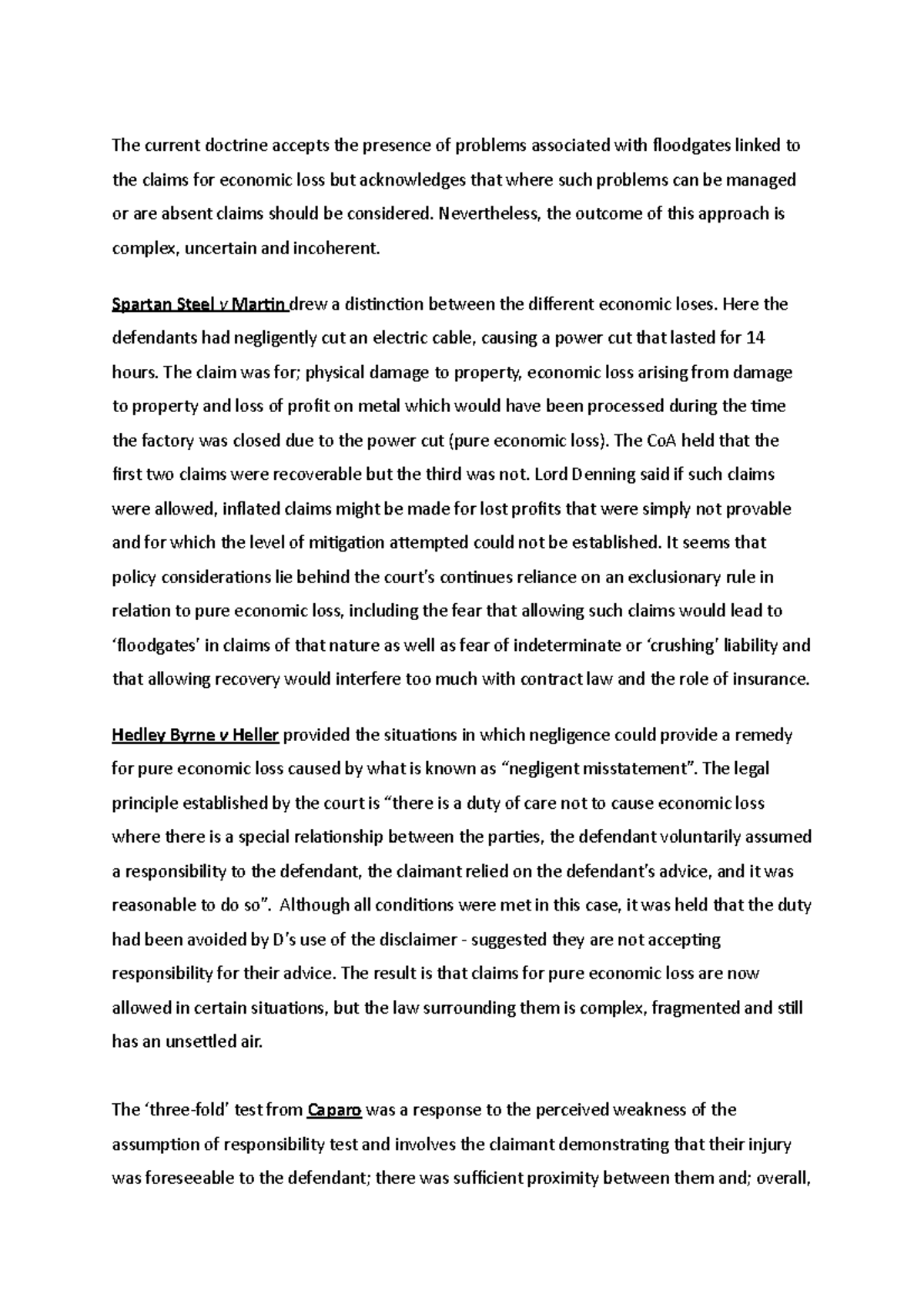 Economic loss exam question - The current doctrine accepts the presence ...