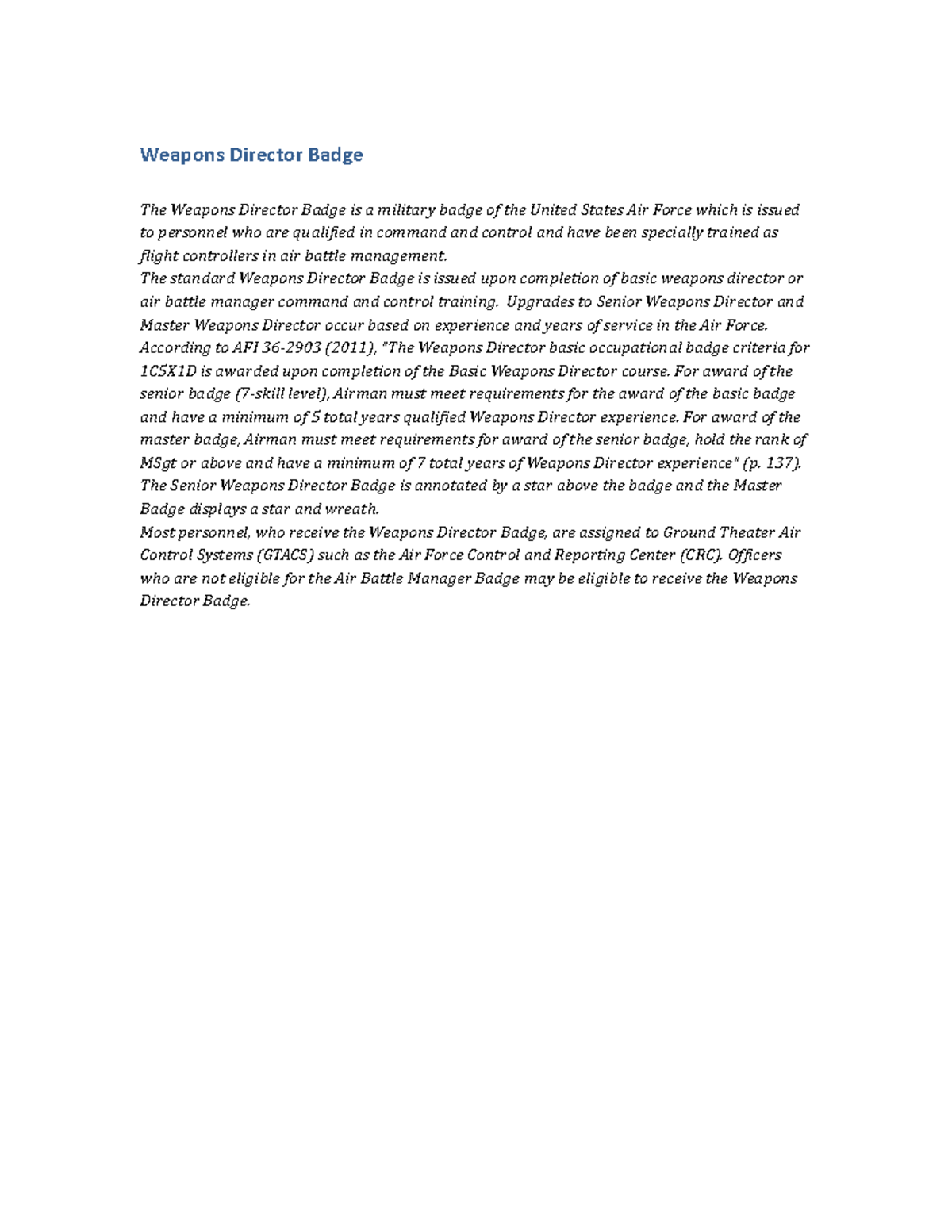 Weapons Director Badge - The standard Weapons Director Badge is issued ...
