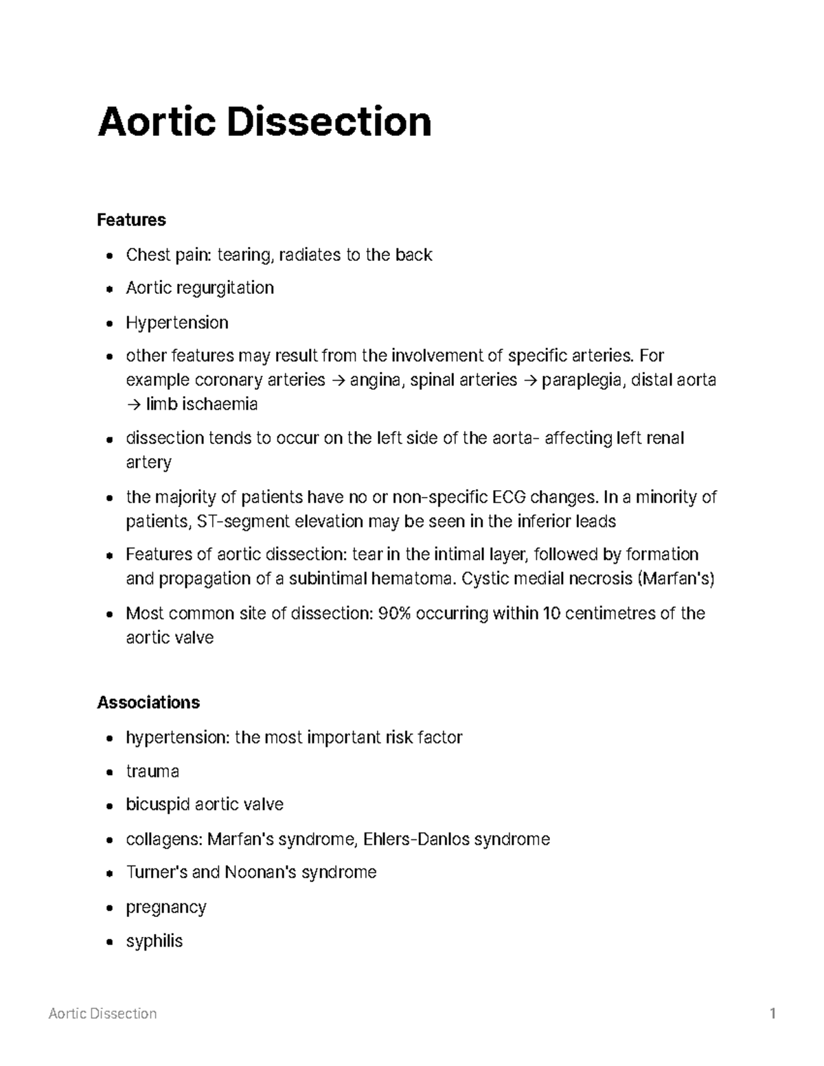 Aortic Dissection - Aortic Dissection Features Chest pain: tearing ...