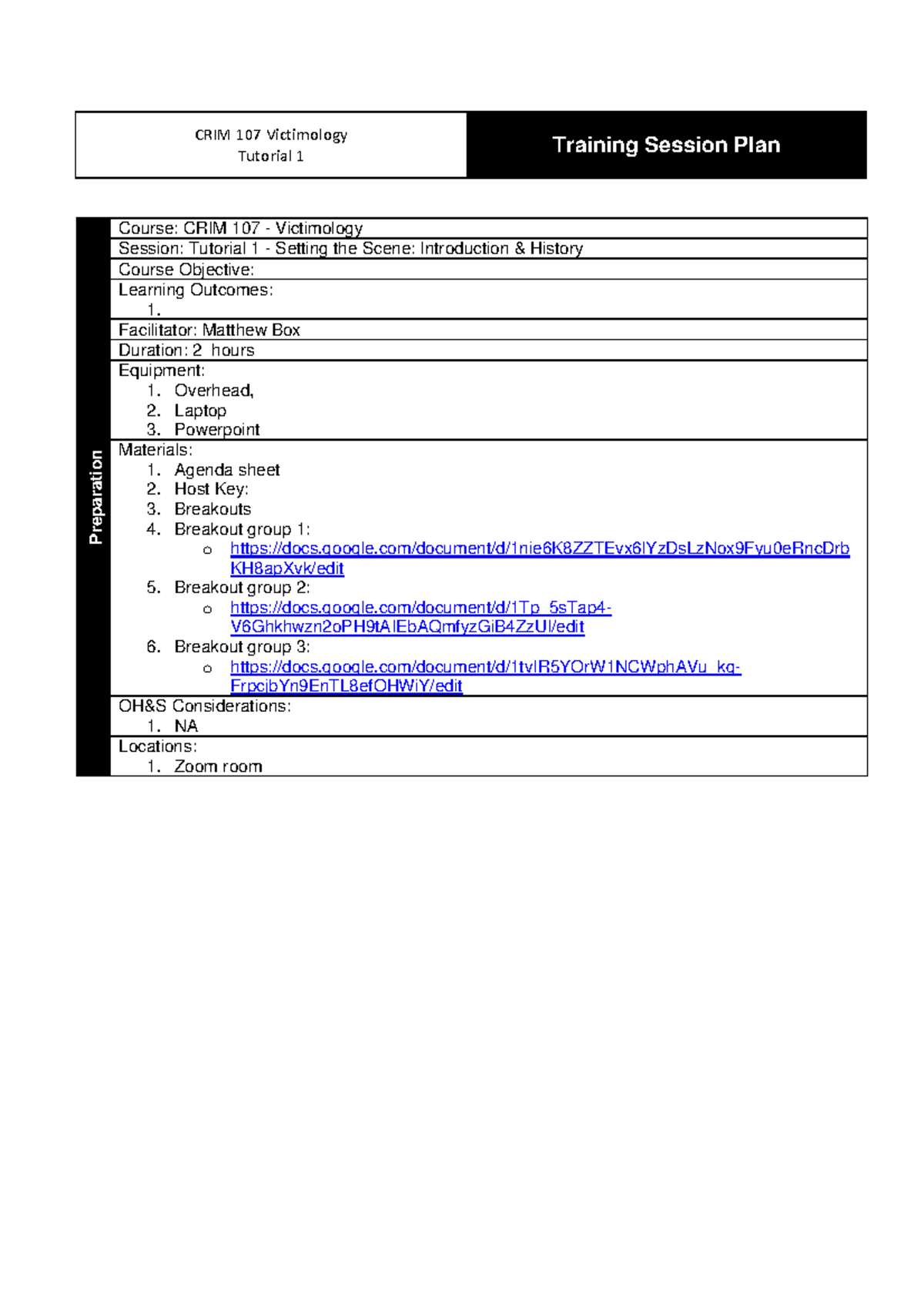 1. CRIM 107 (2023) Week 1 Tutorial plan - CRIM 107 Victimology Tutorial ...
