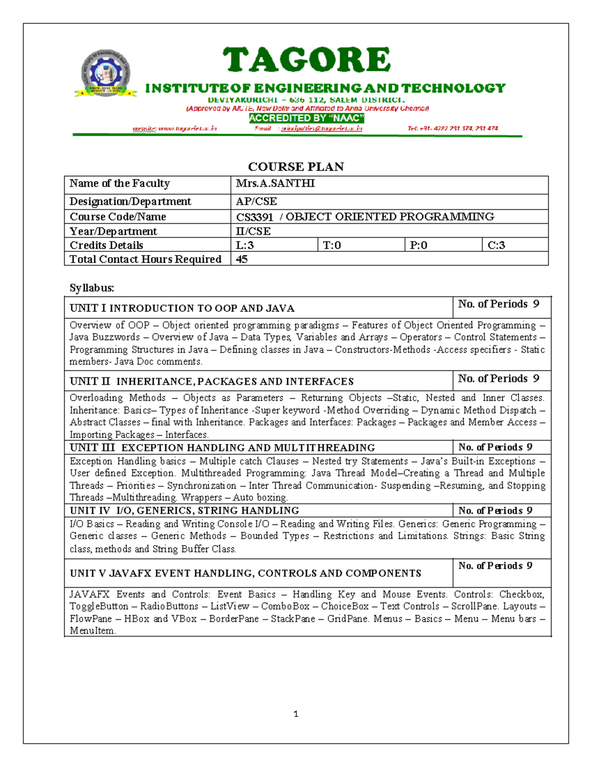 CSE OOP Course PLAN - COURSE PLAN Name of the Faculty Mrs.A Designation/Department AP/CSE Course ...