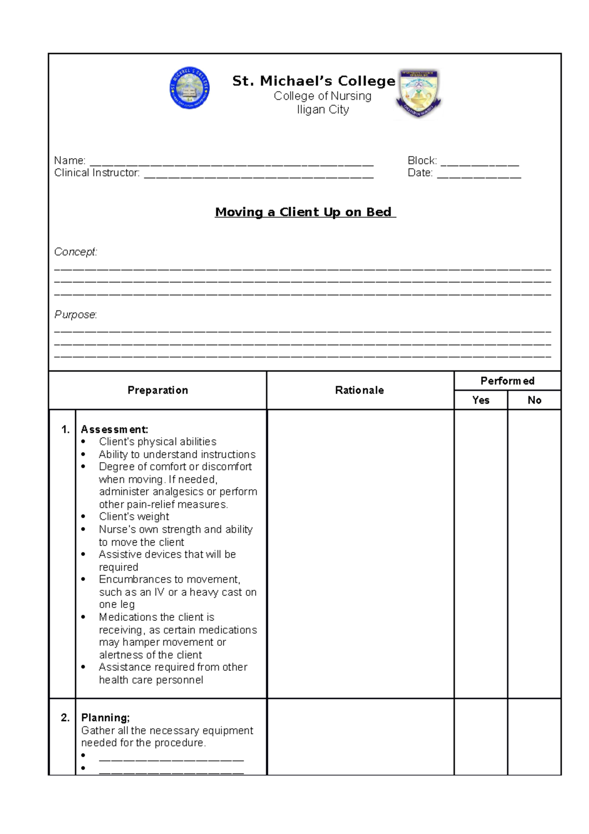 Moving a Client Up on Bed Checklist - St. Michael’s College College of ...