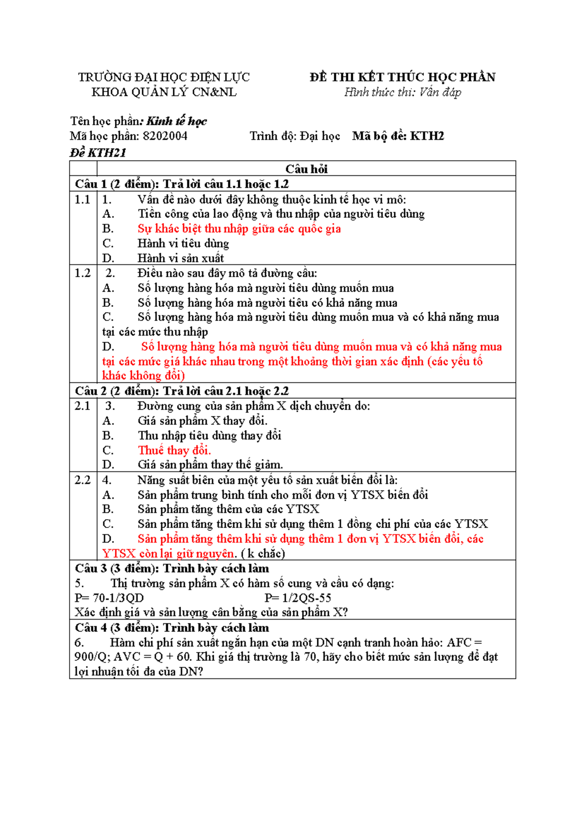 Đề-thi-KTH XD3 - ygkhyuk - KHOA QUẢN LÝ CN&NL Hình thức thi: Vấn đáp Tên học phần: Kinh tế học ...