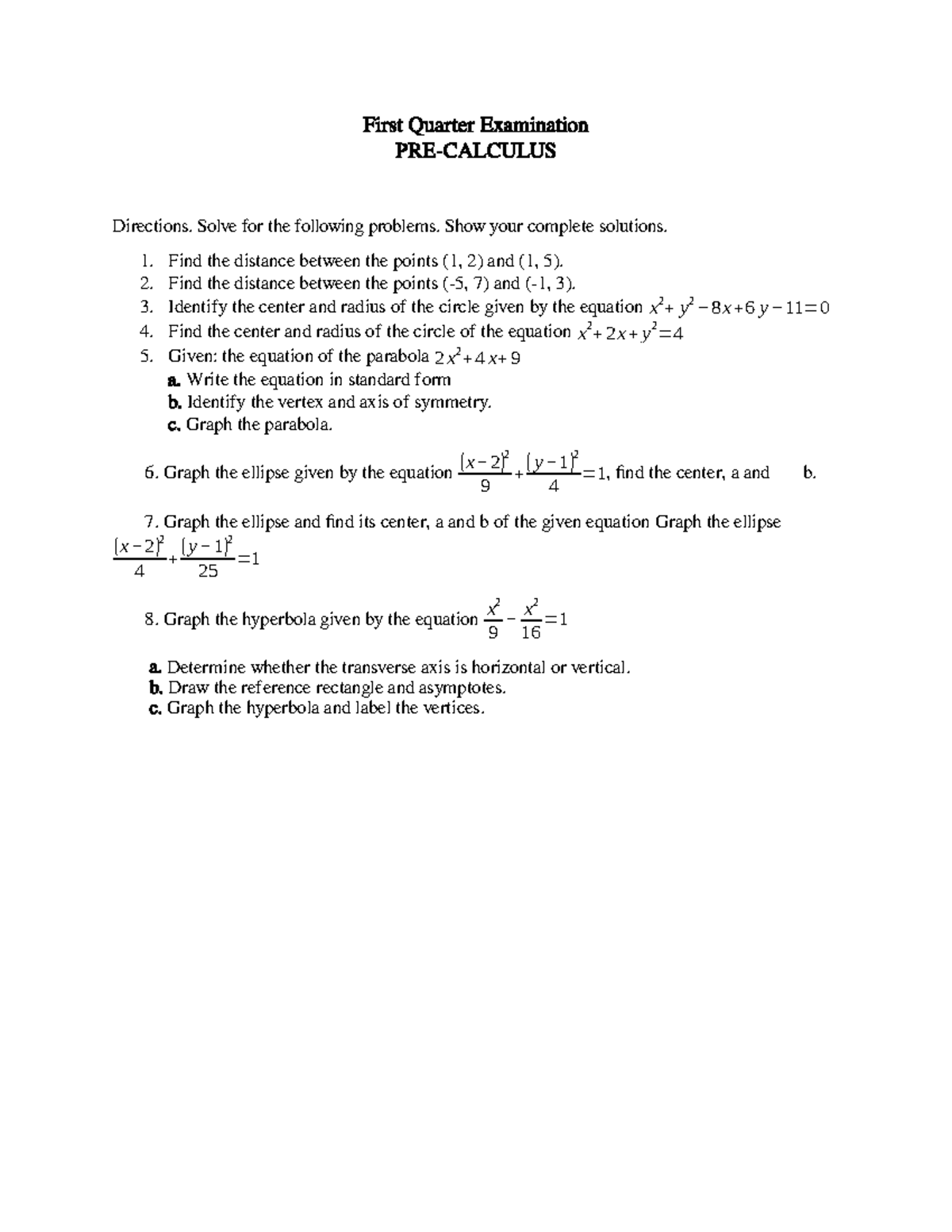 Docs1 - activity - First Quarter Examination PRE-CALCULUS Directions ...