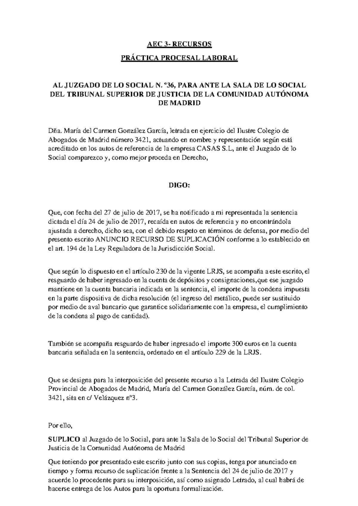 AEC 3 Laboral - AEC - AEC 3- RECURSOS PRÁCTICA PROCESAL LABORAL AL ...