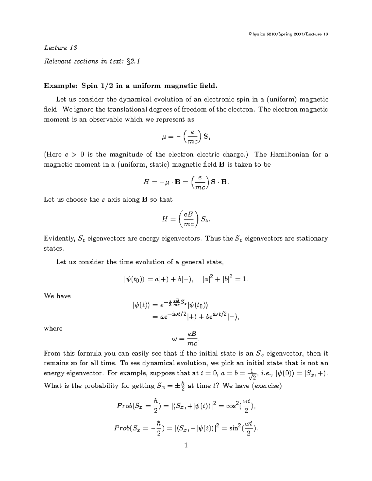 13.pdf example spin half in a uniform magnetic field - Lecture 13 ...