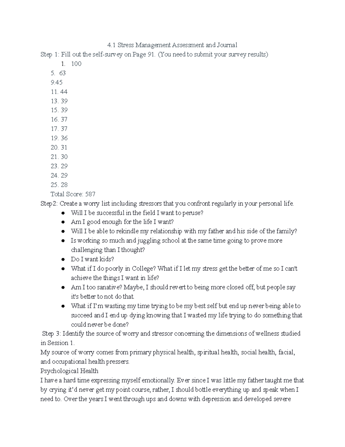 4.1 Stress Management Assessment and Journal - 4 Stress Management ...