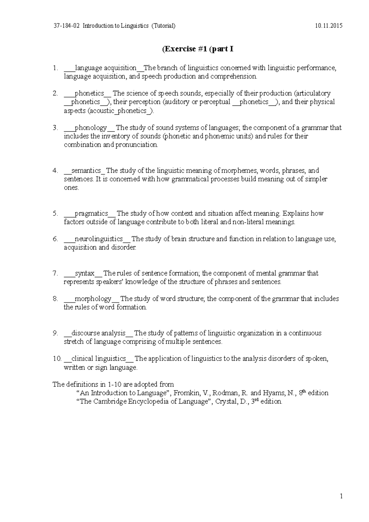 Exercise 1 brances of linguistics [v] - 37-184-02 Introduction to Linguistics (Tutorial) 10.11 ...