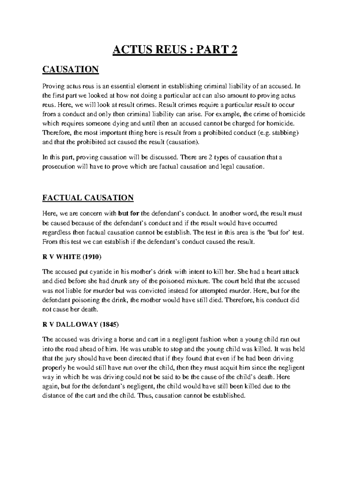 Actus Reus Causation Lecture Notes Actus Reus Part 2 Causation Proving Actus Reus Is An