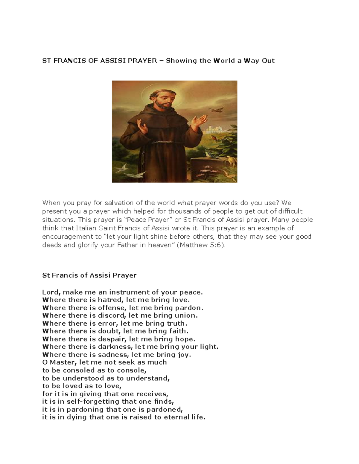 Handout 2 Prayer of St - study - ST FRANCIS OF ASSISI PRAYER – Showing ...