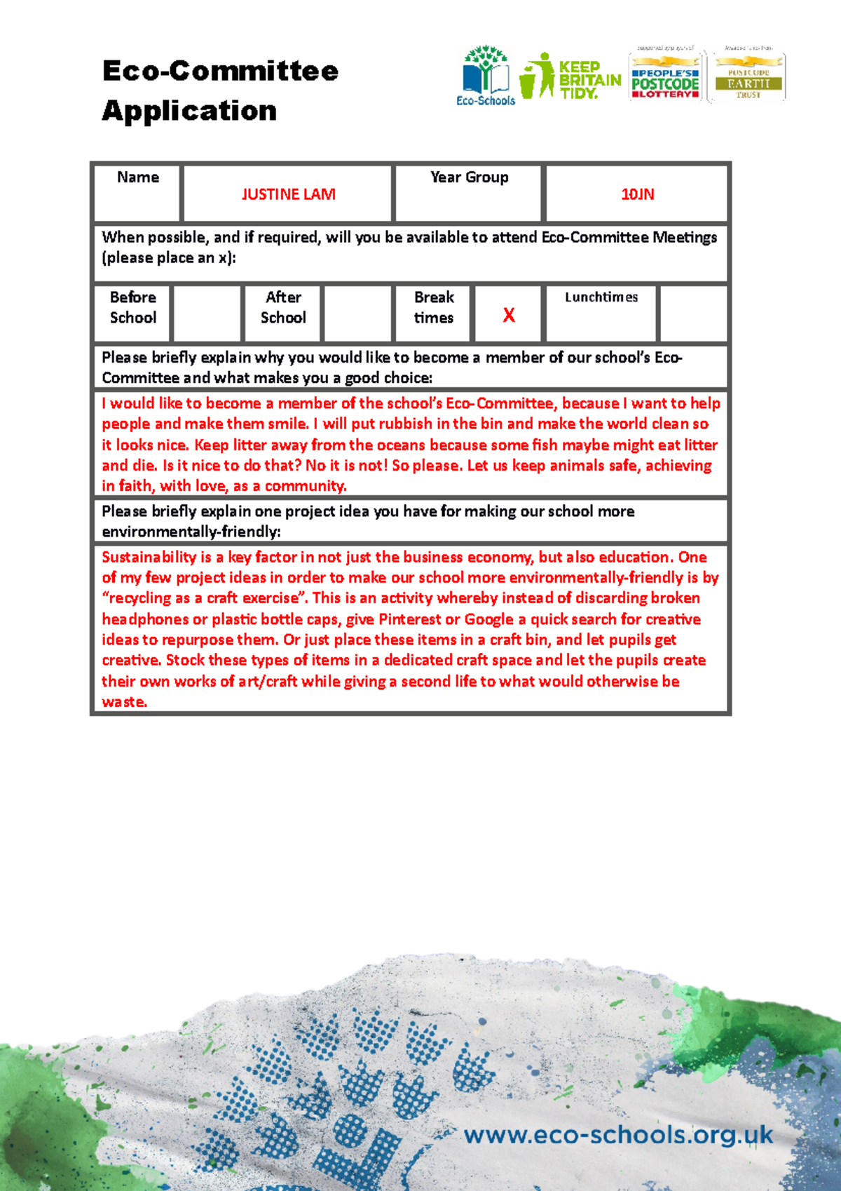 School Eco-Committee Job Application - Eco-Committee Application Name JUSTINE LAM Year Group ...
