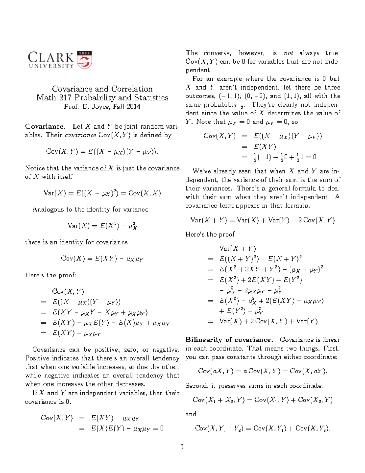Covar - the documents are useful - Covariance and Correlation Math 217 Probability and ...