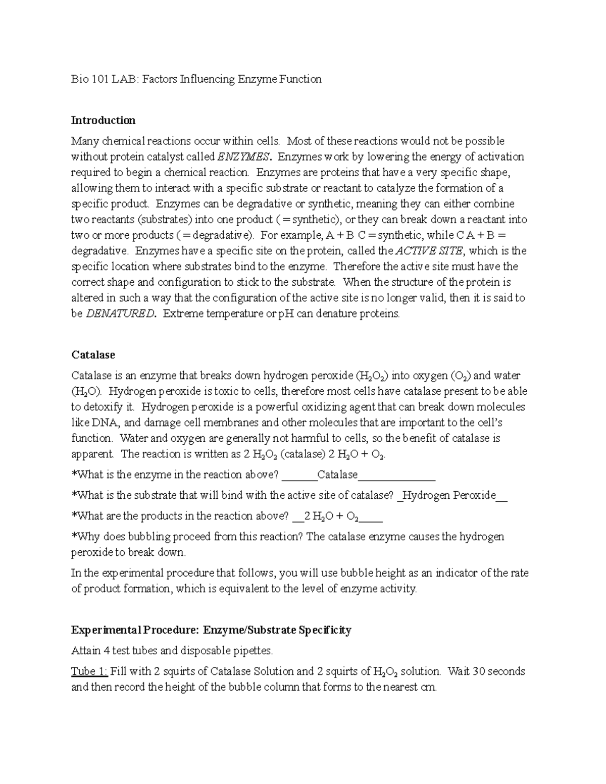 Bio 101 LAB Factors Influencing Enzyme Function - Bio 101 LAB: Factors ...