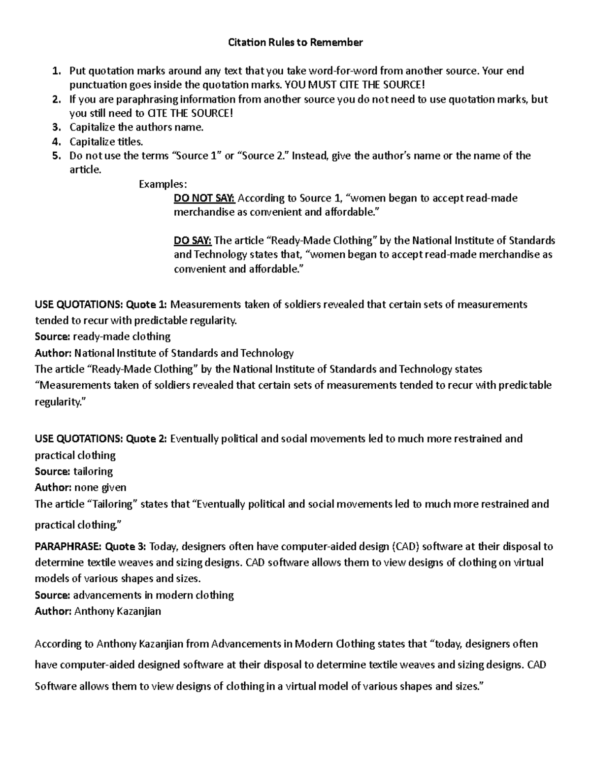 Citing Sources Practice - Citation Rules to Remember Put quotation ...