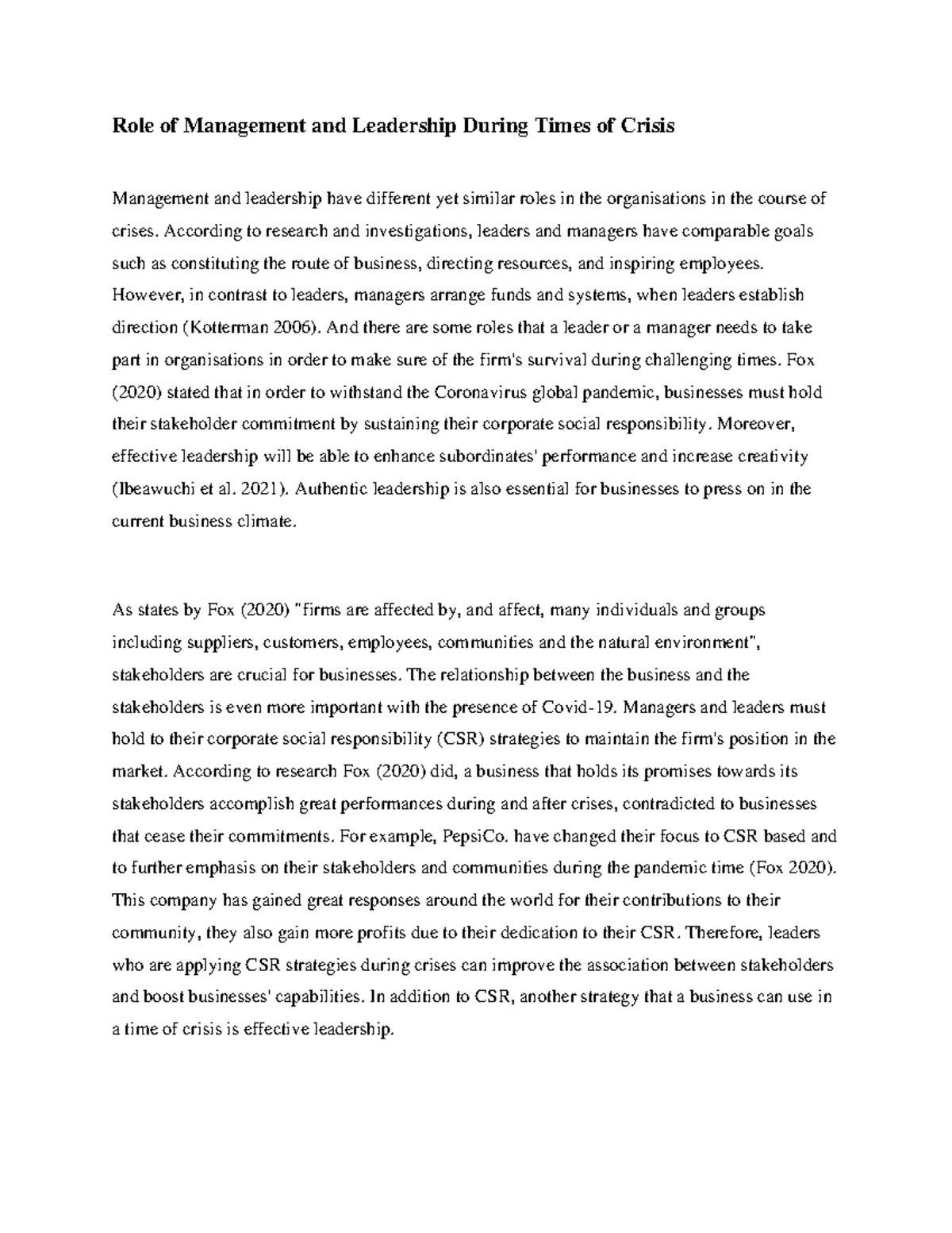 Enterprise leadership assessment 1 - Role of Management and Leadership ...