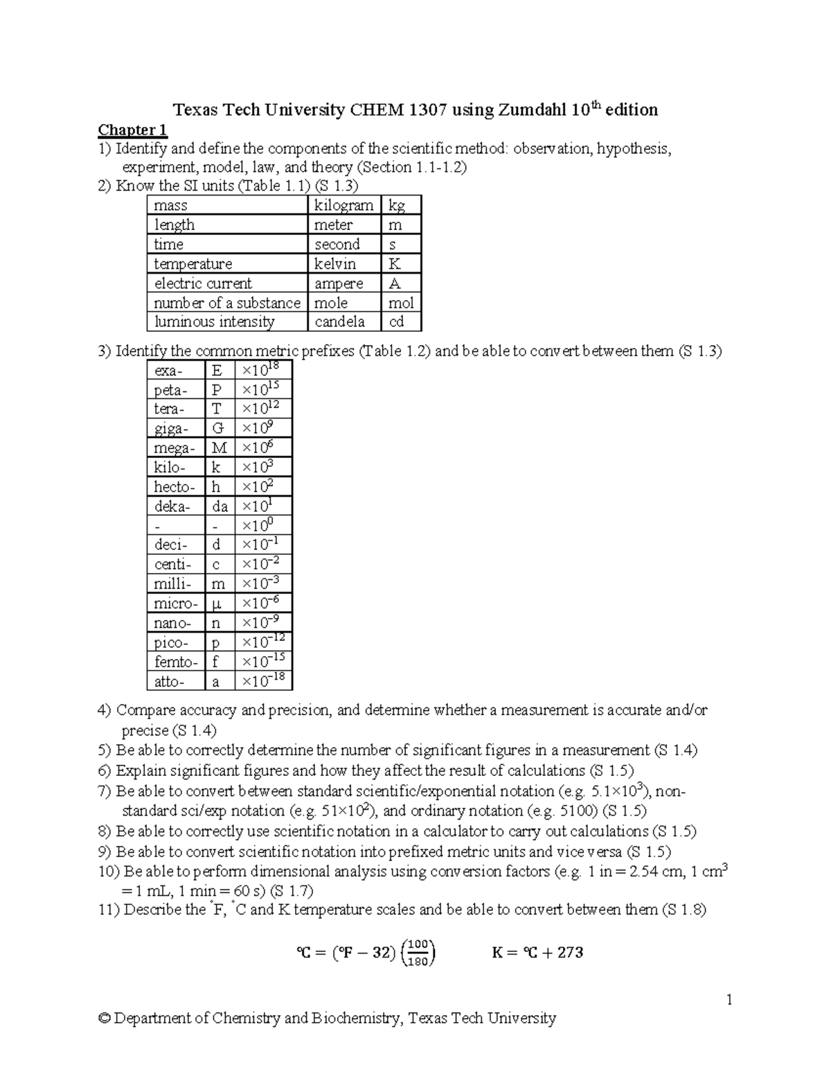 CHEM 1307 Objectives and Learning Outcomes - 1 Texas Tech University ...