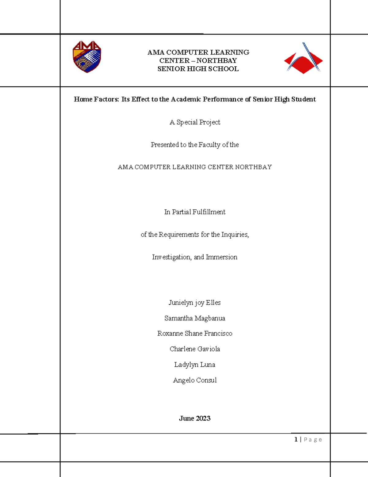 Thesis-Template-Gr11 - CENTER – NORTHBAY SENIOR HIGH SCHOOL Home Factors: Its Effect to the ...