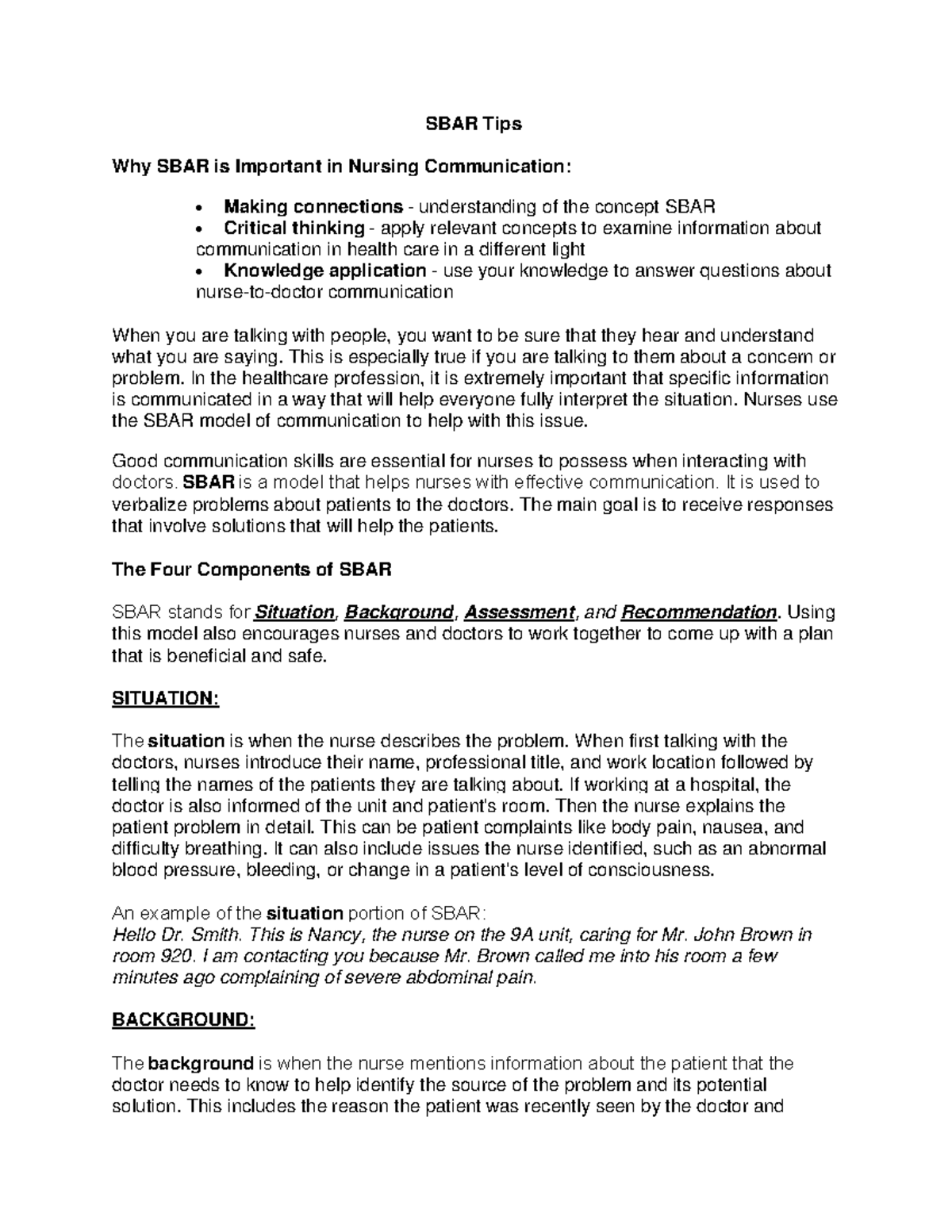 SBAR Tips - SBAR TIPS - SBAR Tips Why SBAR is Important in Nursing ...