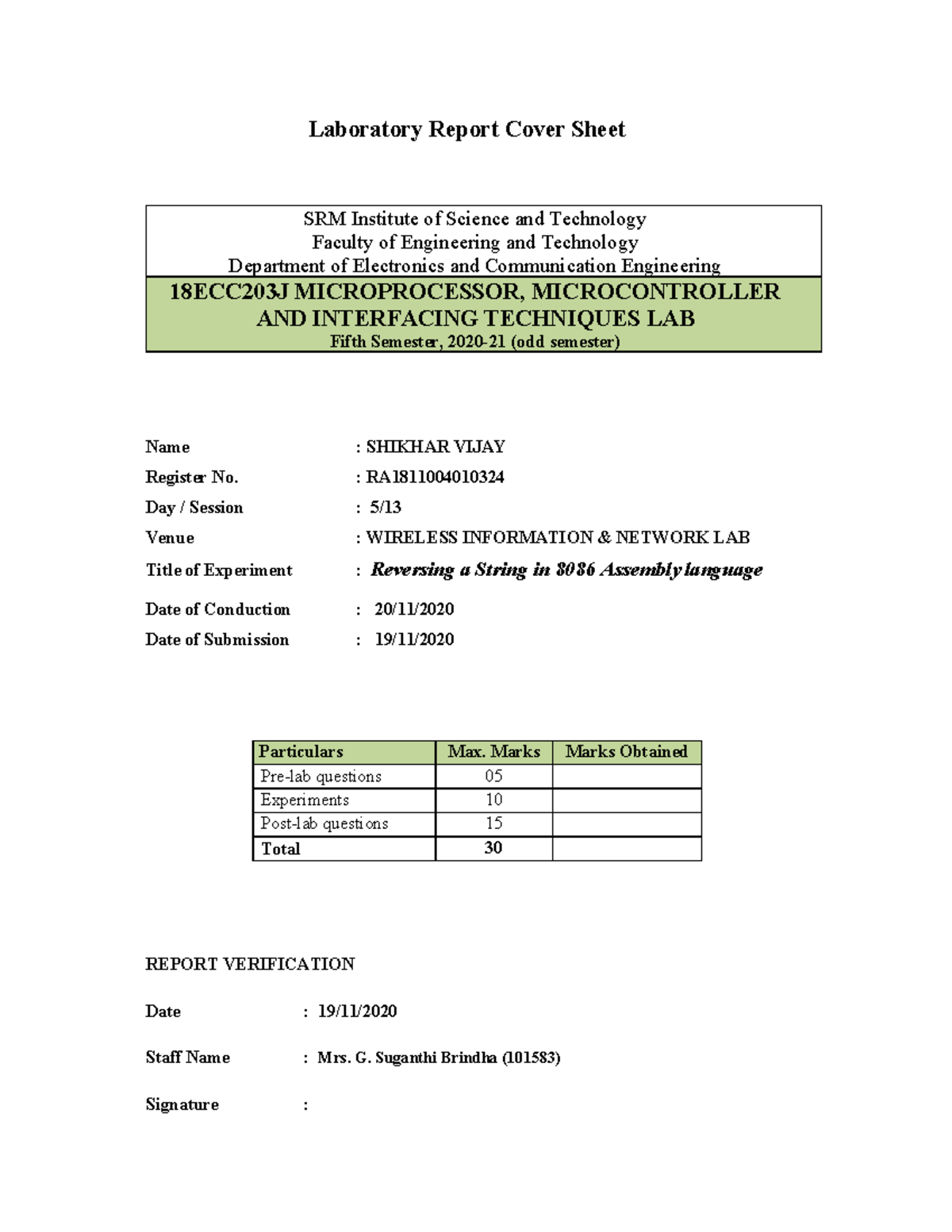 MINI Project Report- Shikhar Vijay-RA1811004010324-18ECC203J- Microorocessor, Microcontroller ...