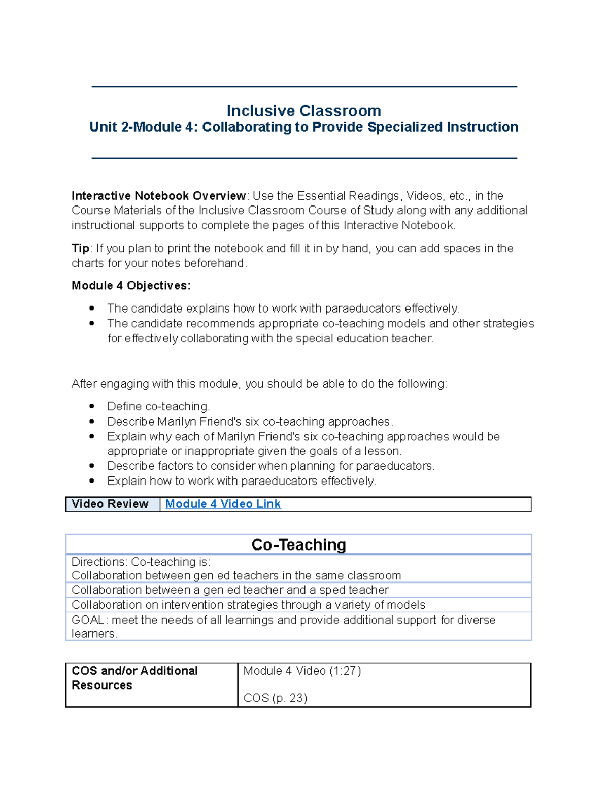 Inclusive Classroom Unit 2 Module 4 Notebook - - Studocu
