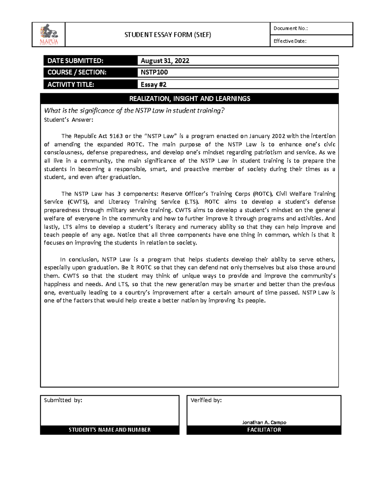 NSTP1 00 A6 Essay#2 - NSTP Essays First Year - STUDENT ESSAY FORM (StEF ...