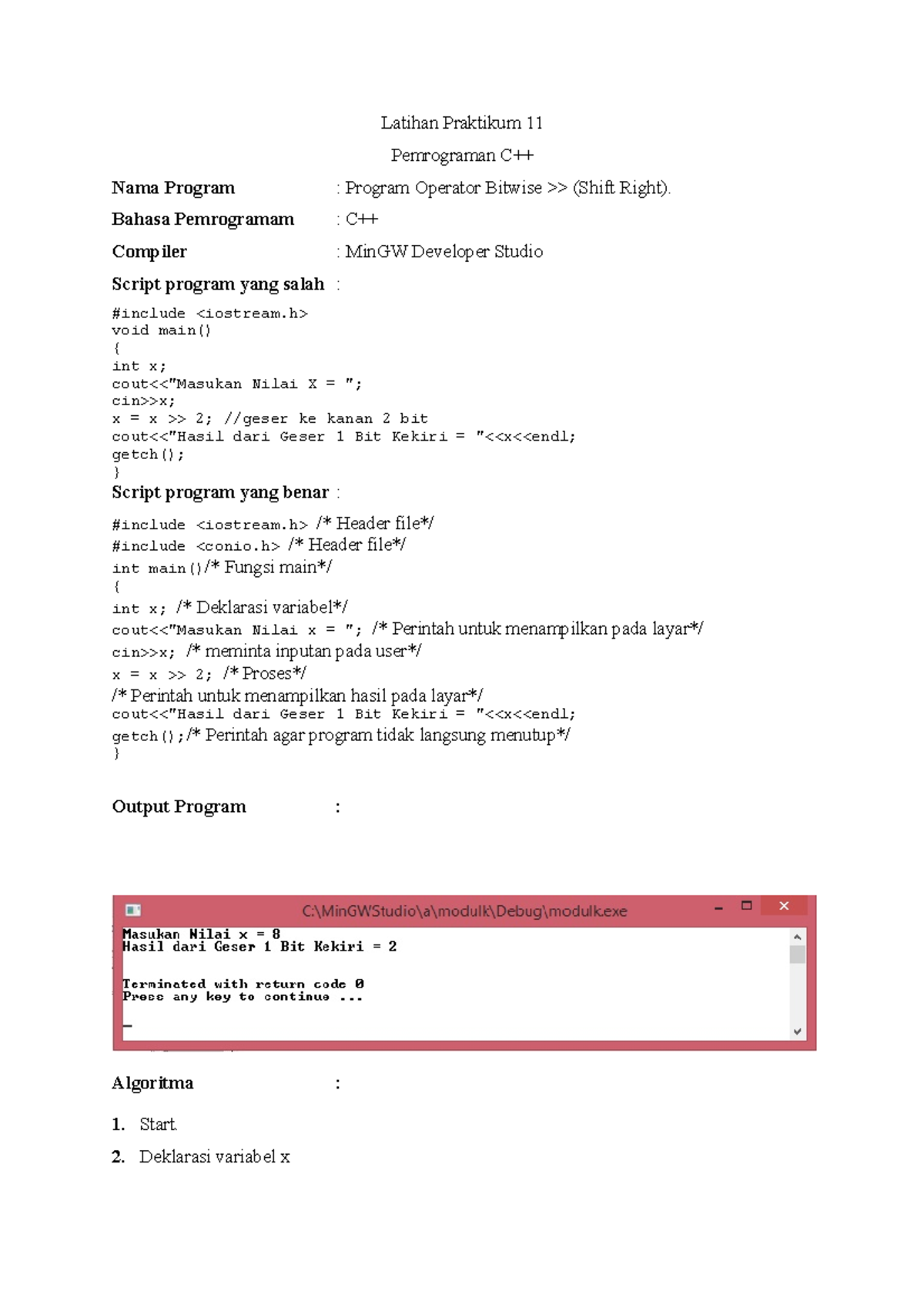 Latihan Praktikum 11-14 Dasar Pemrograman - Latihan Praktikum 11 Pemrograman C++ Nama Program ...