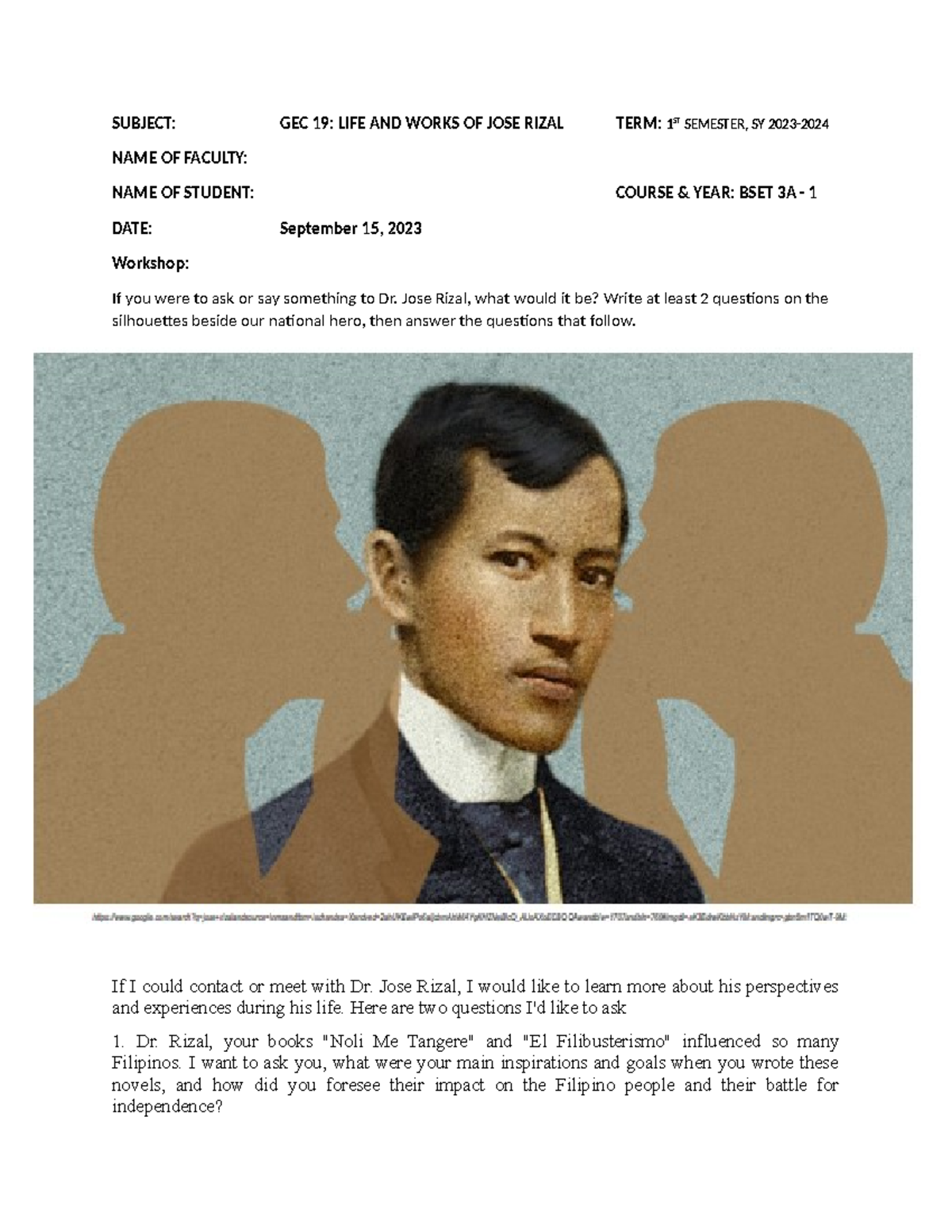 Chapter 1 - Workshop. Rizal - SUBJECT: GEC 19: LIFE AND WORKS OF JOSE ...