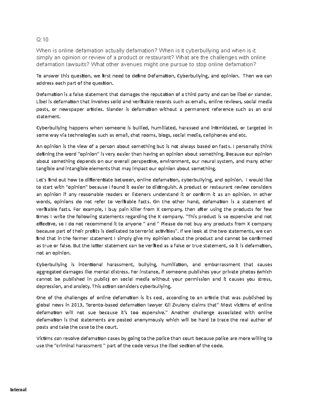 Doc1 - Assignment / Cyber bullying - Q: When is online defamation ...
