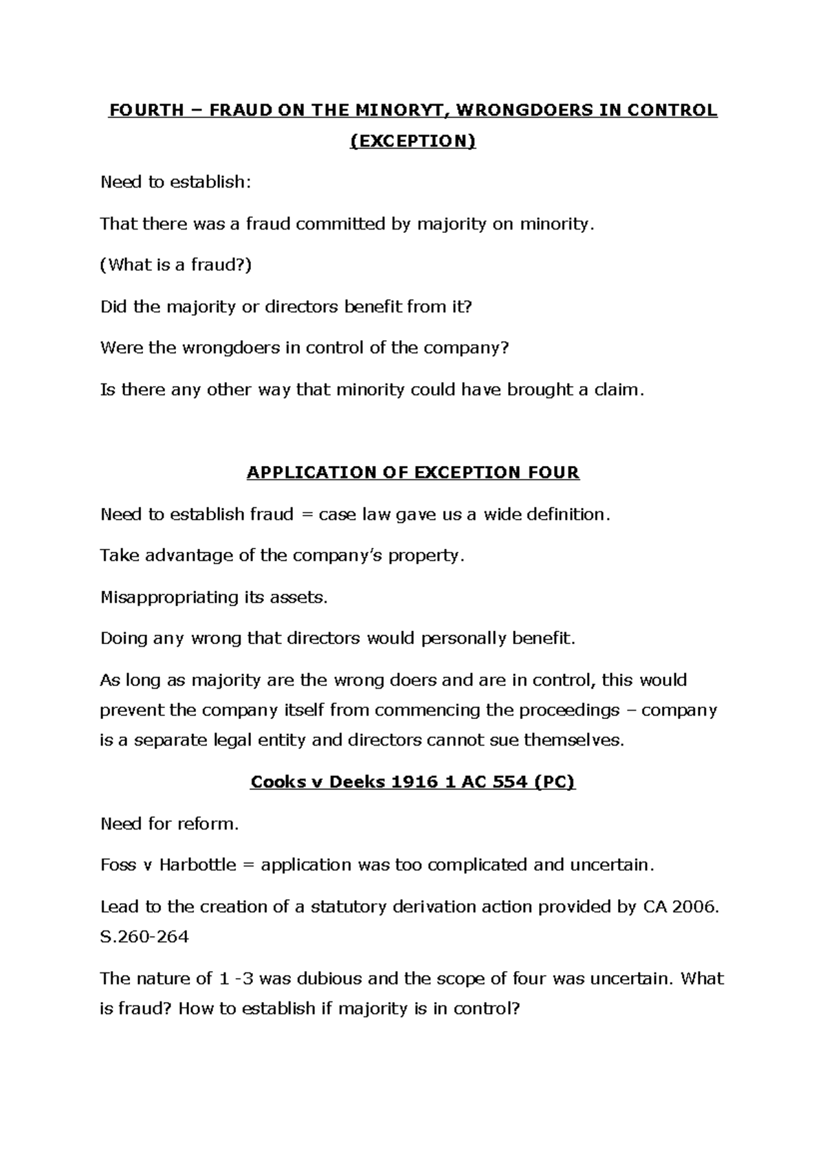 Fourth – Fraud ON THE Minority, Wrongdoers IN Control ( Exception ...