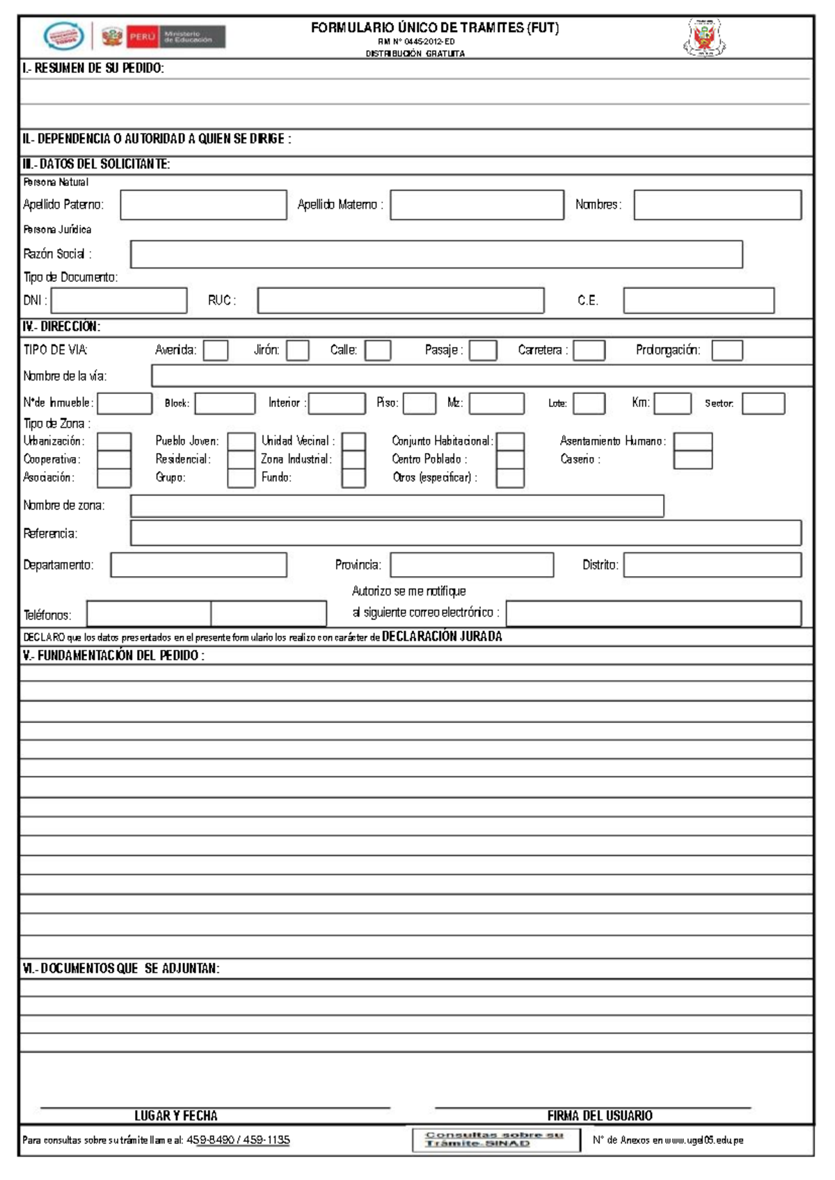 Fut ugel05 (1) - Aaa - FORMULARIO ÚNICO DE TRAMITES (FUT) RM N° 0445 ...