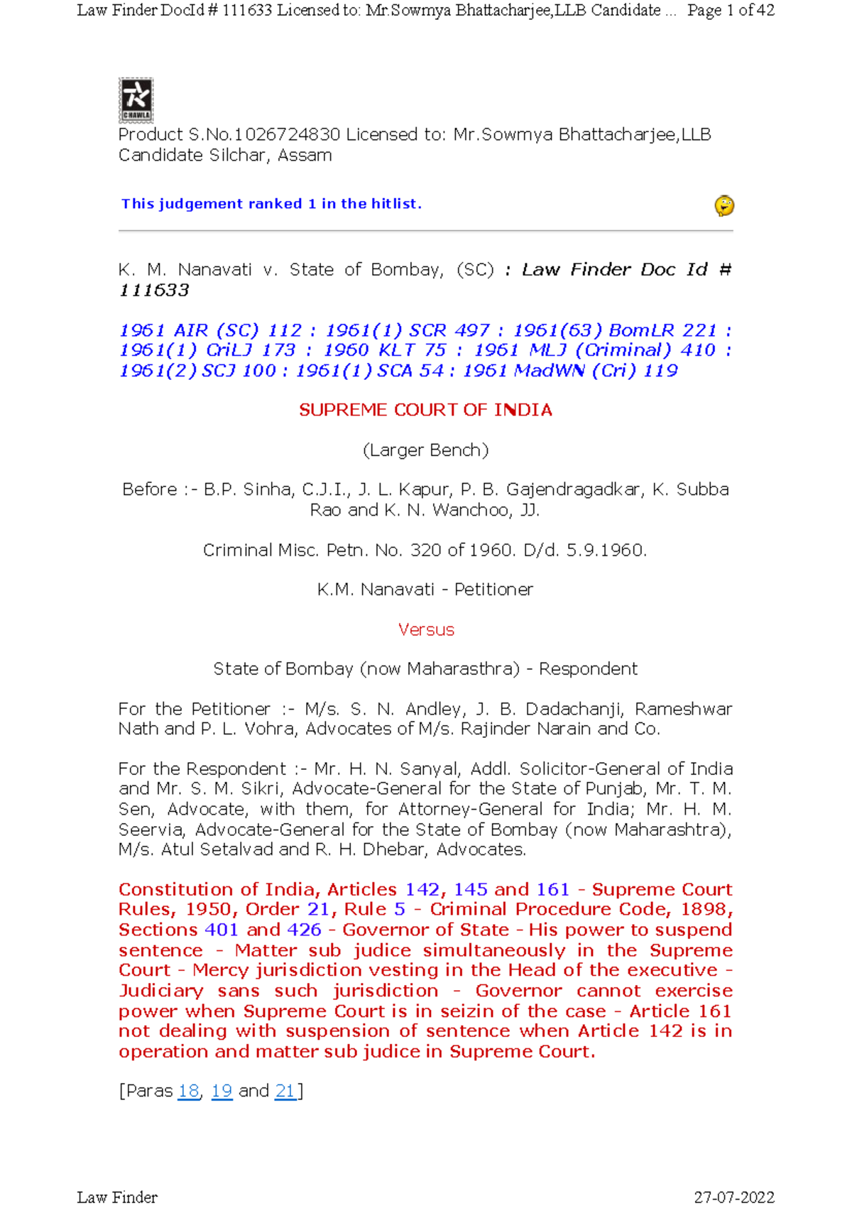 05. K M Nanavati v State of Bombay [AIR 1962 SC 112] - Product S.No ...